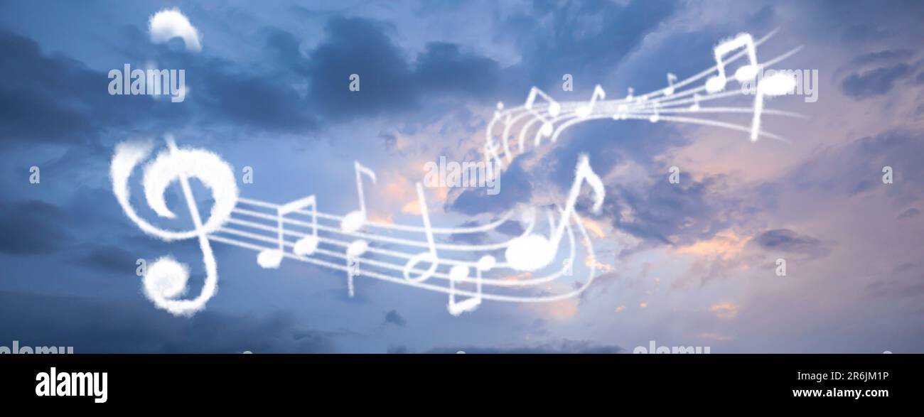 Staff with treble clef and musical notes against sky, banner design ...