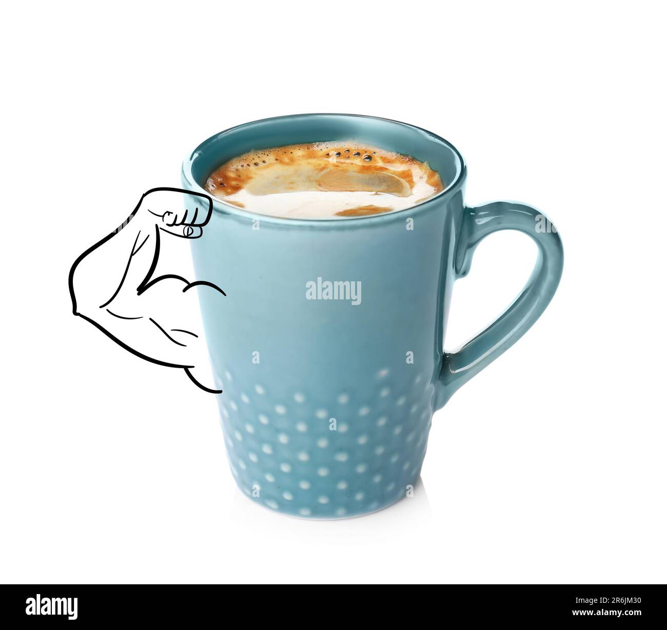 Strong coffee. Cup with illustration of bodybuilder's arm on white ...