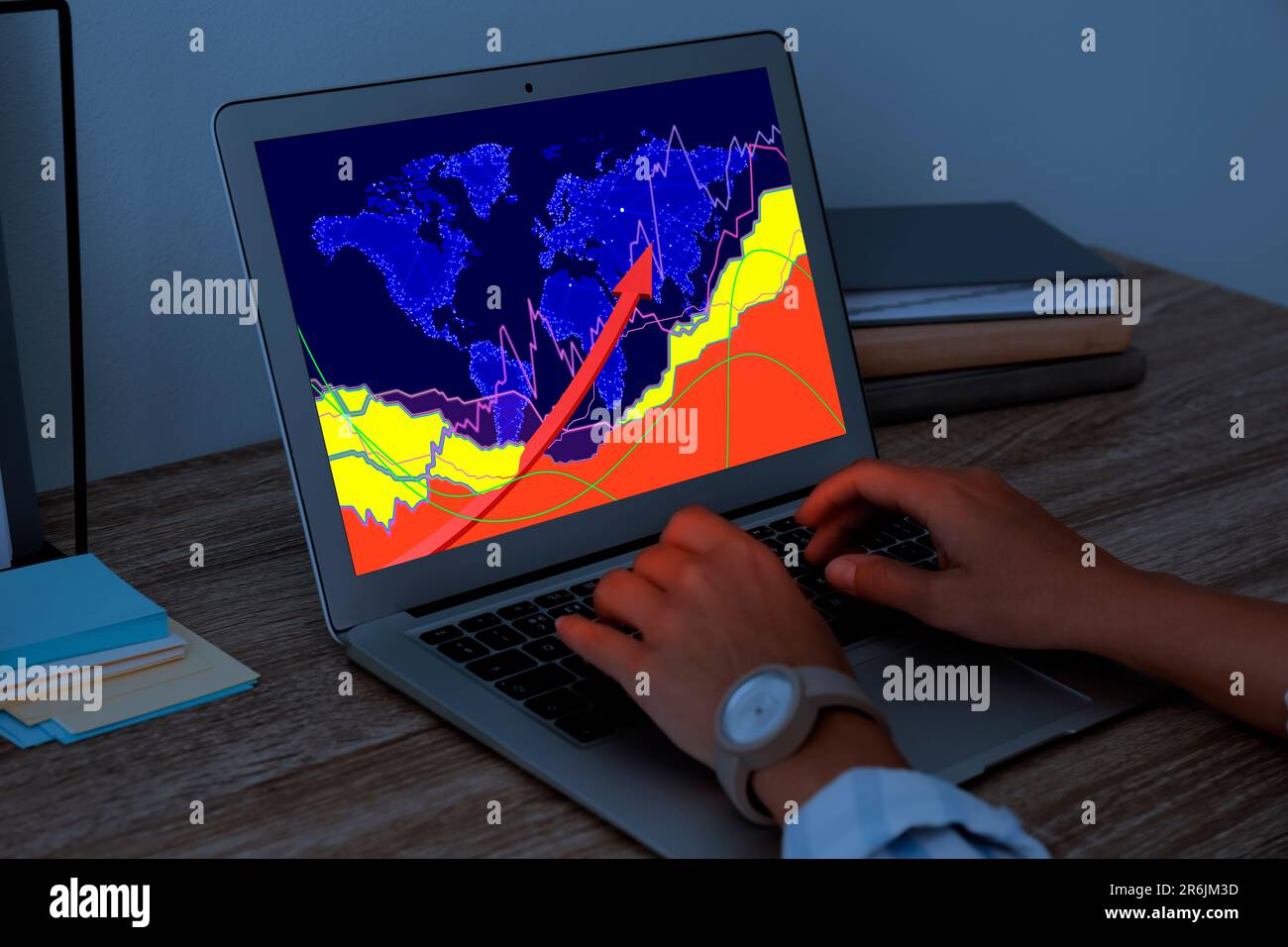 Woman analyzing situation on international market via laptop, closeup ...
