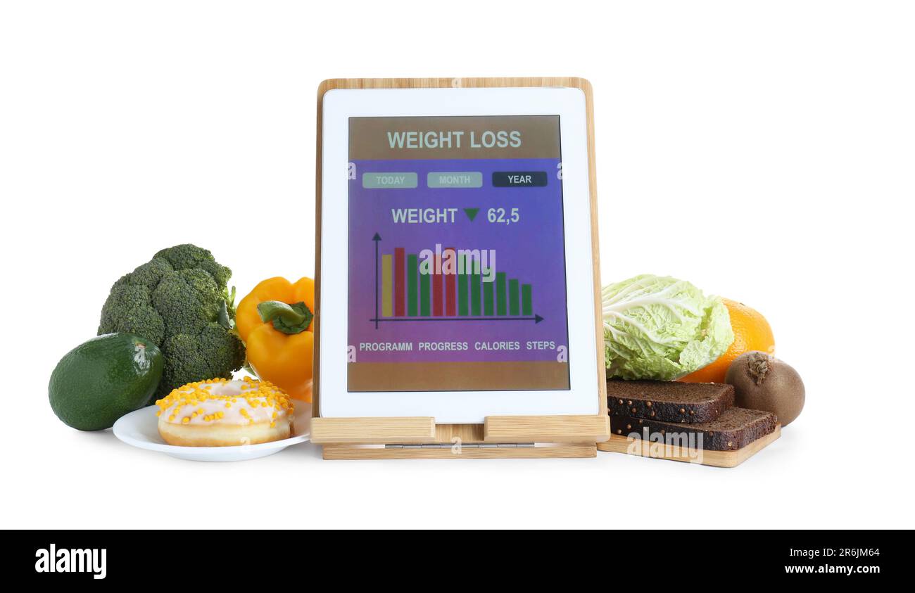 Tablet with weight loss calculator application and food products on ...