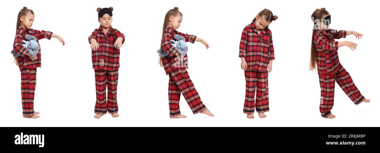 Collage with photos of girl sleepwalking on white background Stock ...