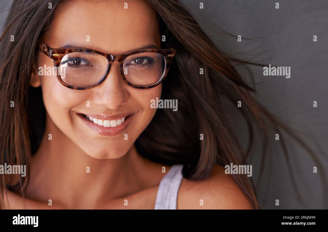 Woman, face and happy with glasses and eye care, vision with designer ...