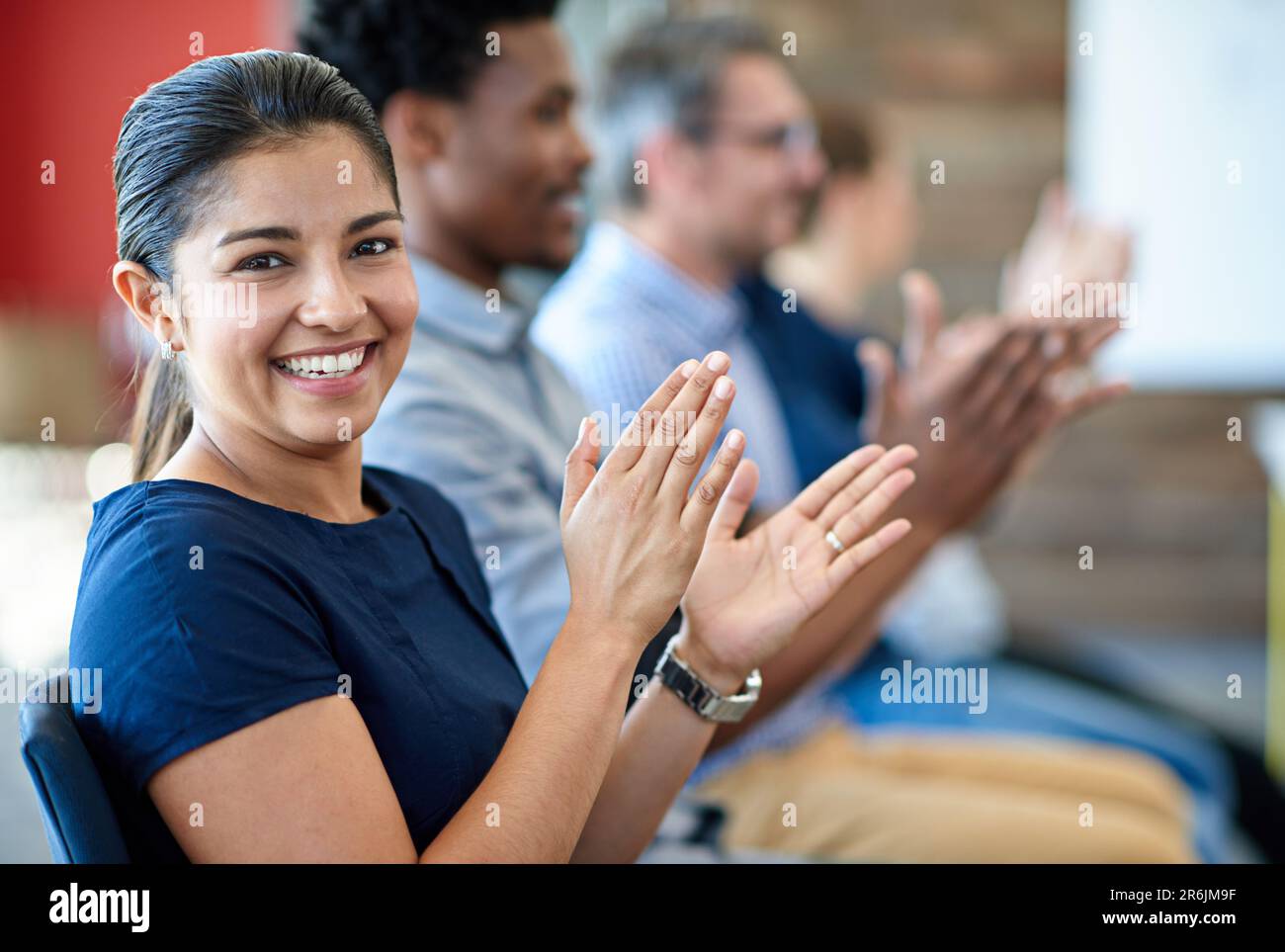 Audience portrait, group applause and happy woman, business team or staff at presentation ...