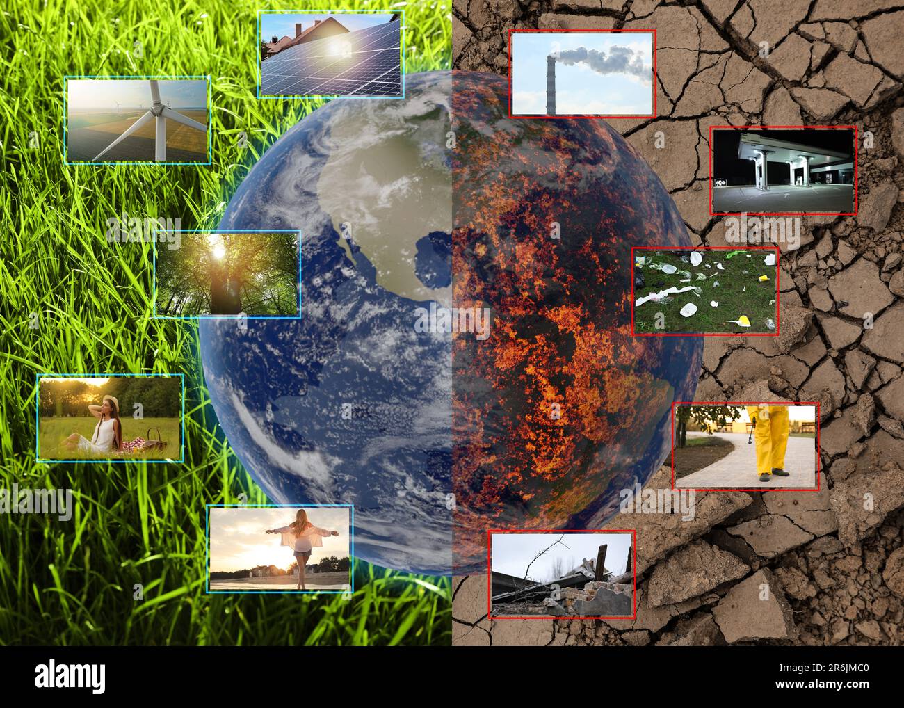 Environmental pollution. Collage divided into clean and contaminated ...