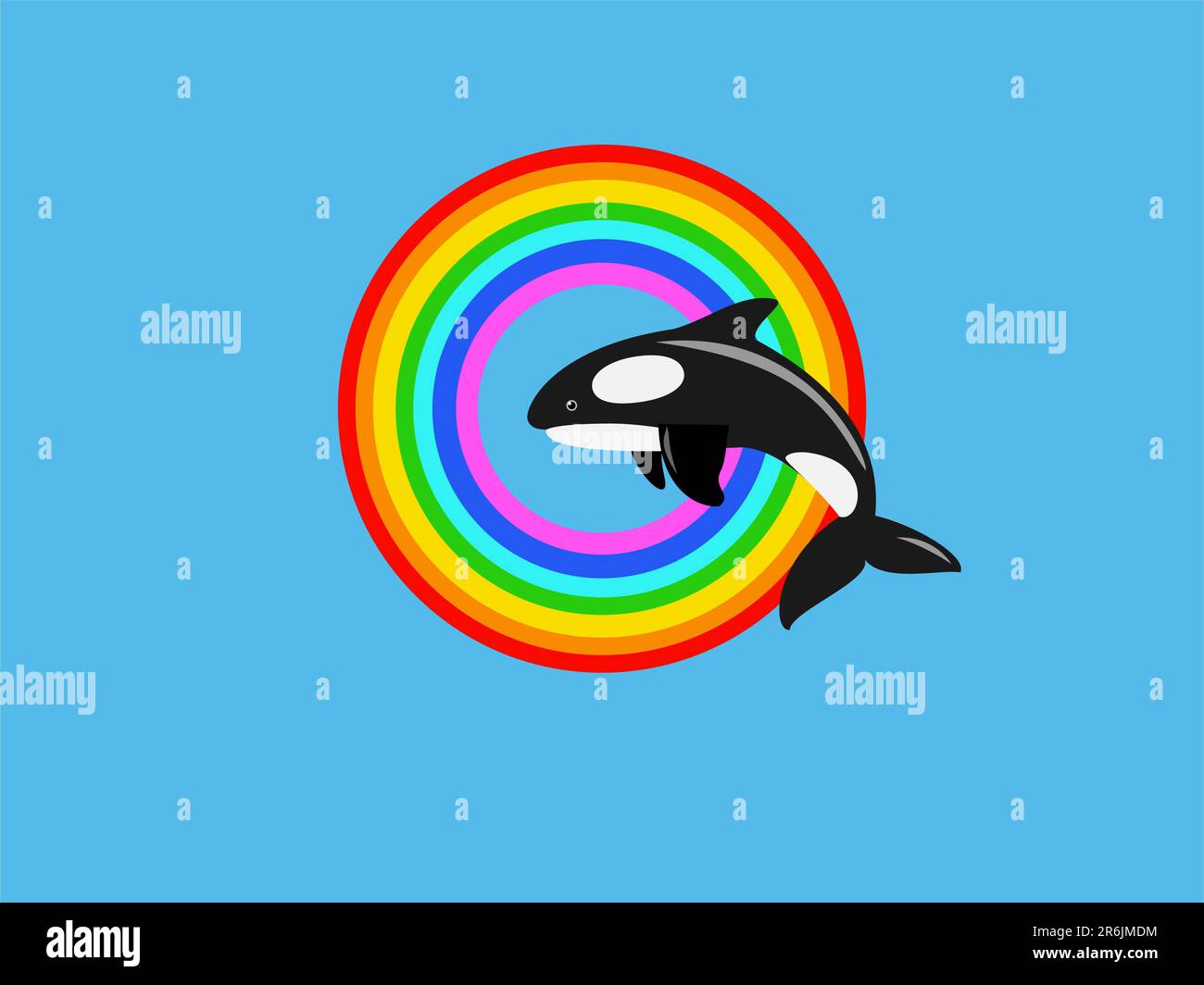 Killer whale jumping in colorful rainbow ring on blue background Stock ...