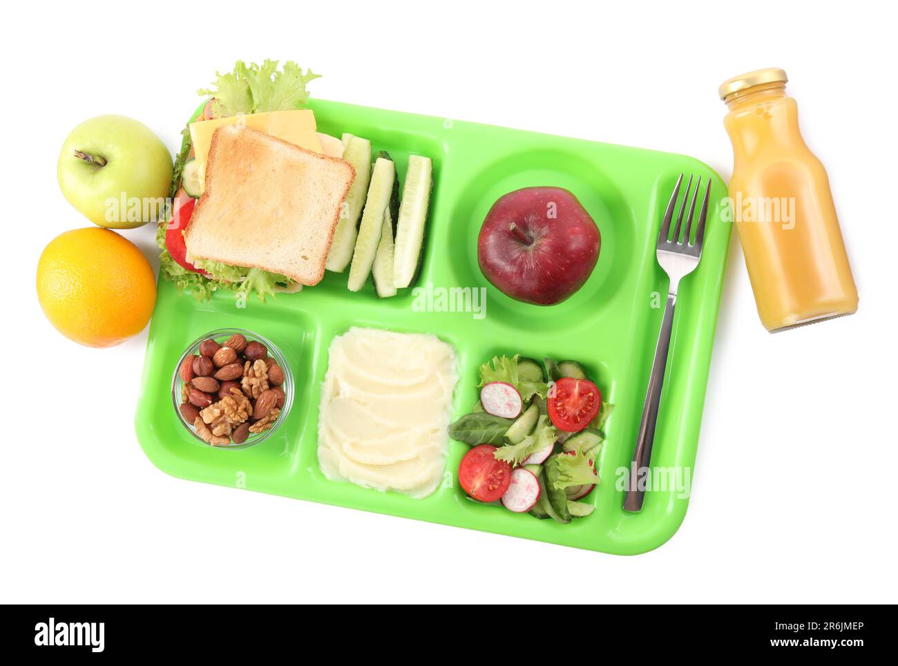 Serving tray of healthy food isolated on white, top view. School lunch Stock Photo - Alamy