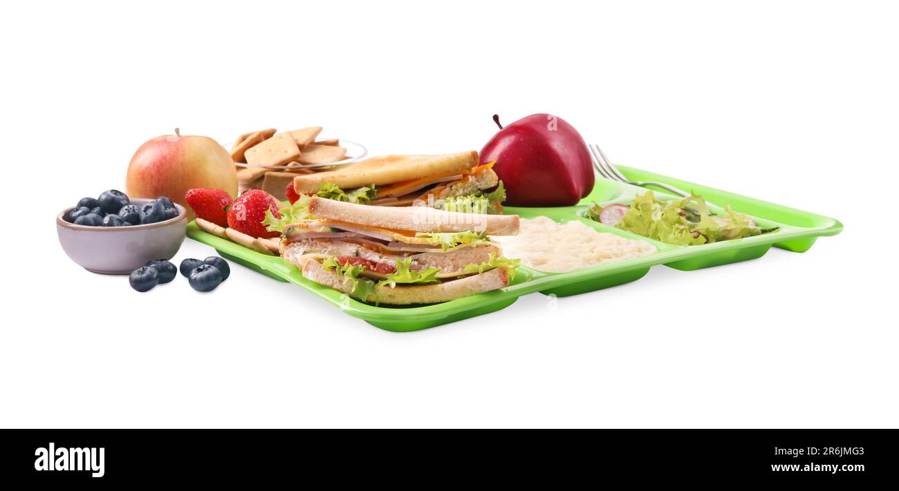 Serving tray of healthy food isolated on white. School lunch Stock Photo - Alamy