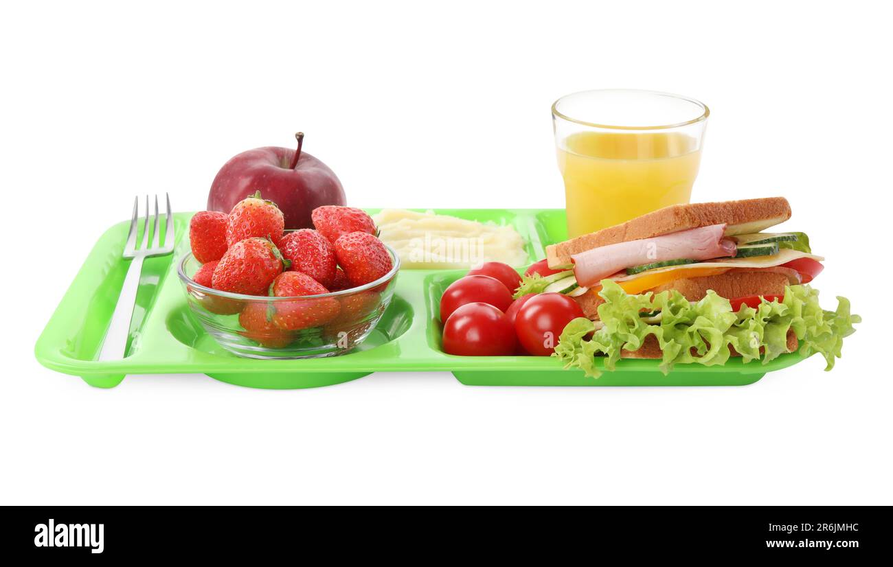 Serving tray of healthy food isolated on white. School lunch Stock Photo - Alamy