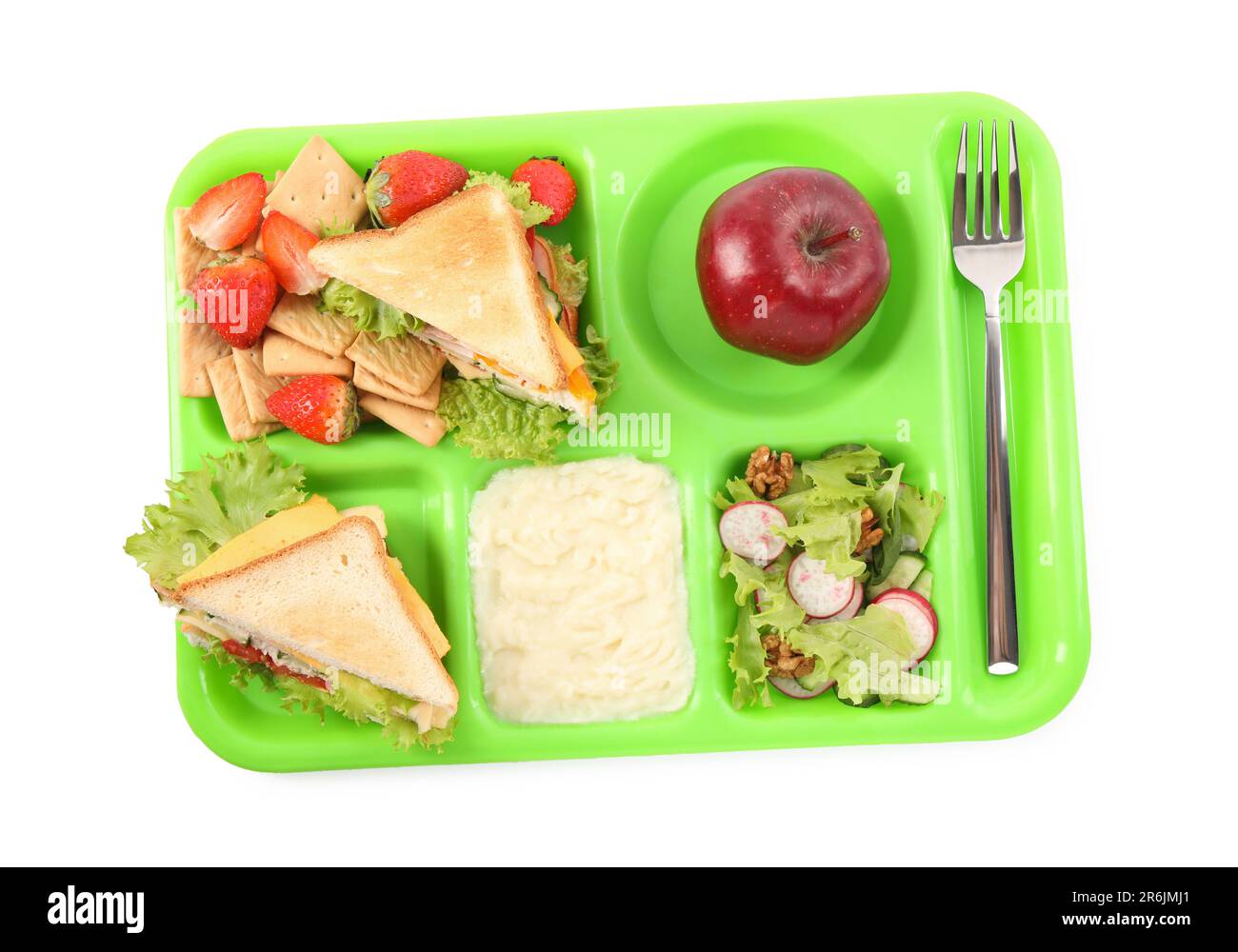 Serving tray of healthy food isolated on white, top view. School lunch Stock Photo - Alamy