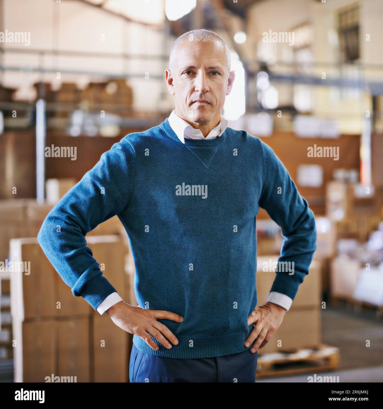 Delivery, serious and portrait of man in warehouse for cargo, storage ...