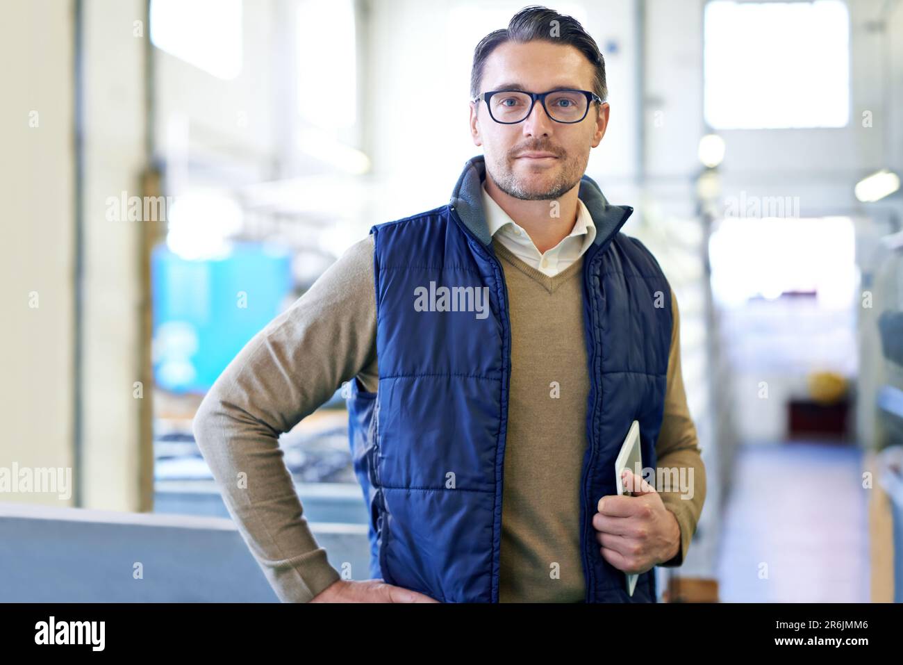 Delivery, manager and portrait of man in factory for manufacturing ...