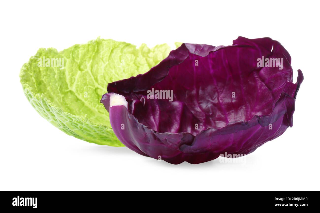 Two different cabbage leaves on white background Stock Photo - Alamy