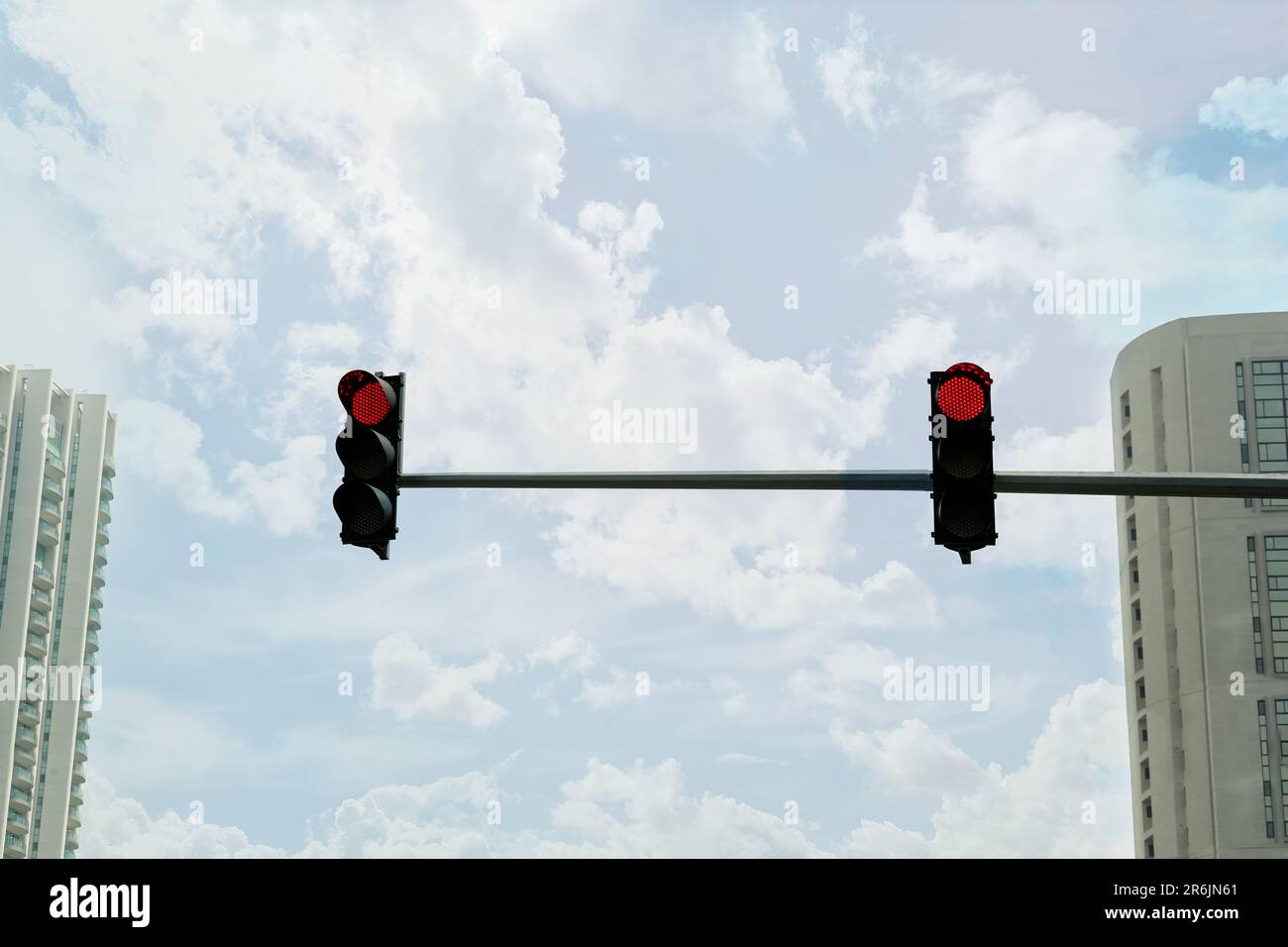 Overhead traffic lights in city. Road rules Stock Photo - Alamy