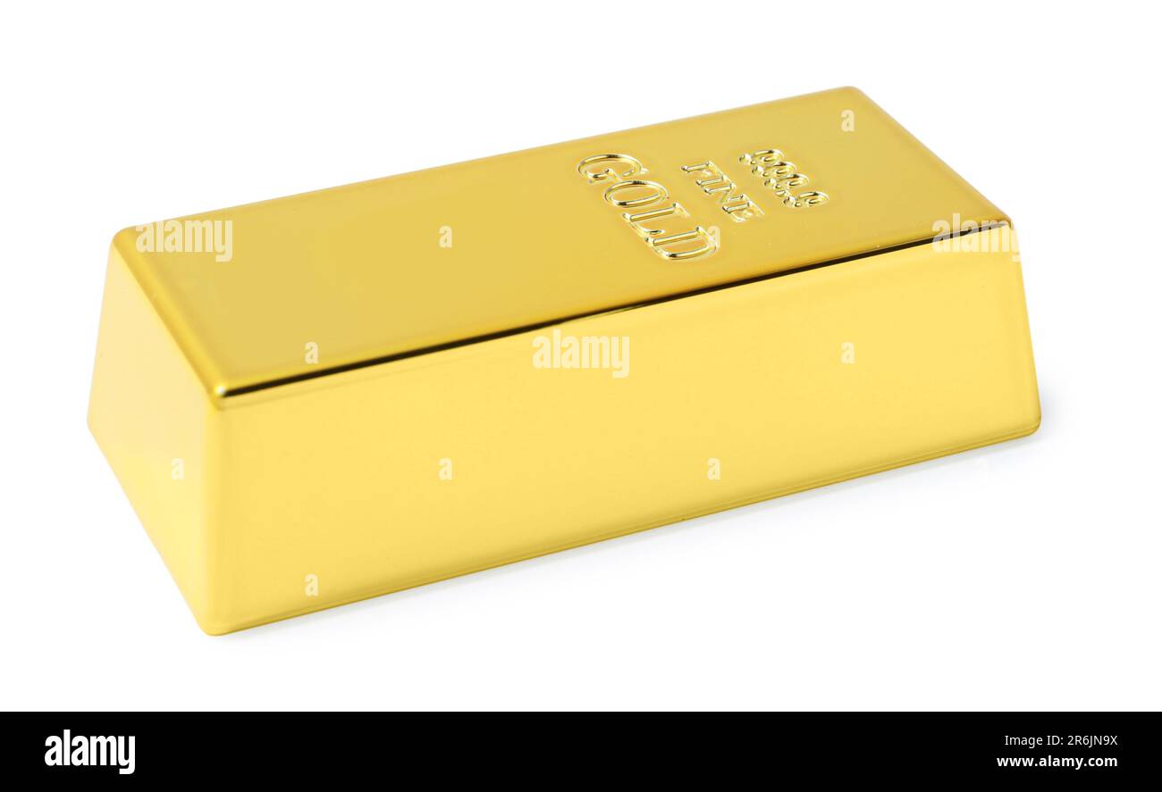 One shiny gold bar isolated on white Stock Photo - Alamy