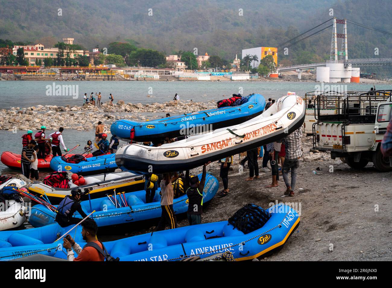 inflatable white water rafts on beach where the adventure sport ends ...