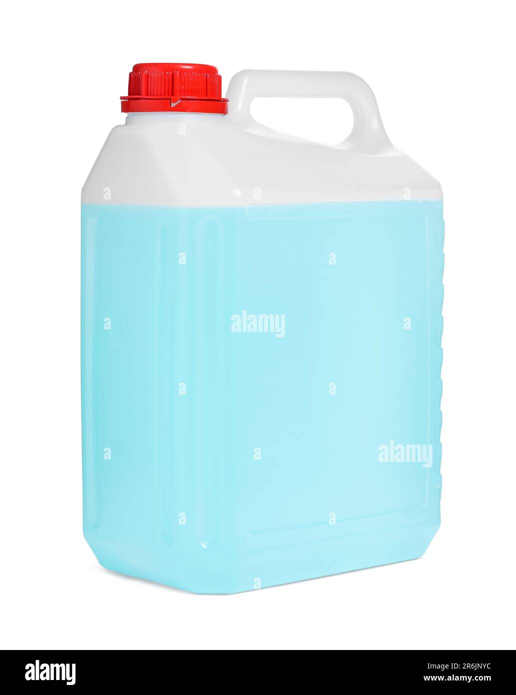 Plastic canister with blue liquid isolated on white Stock Photo - Alamy