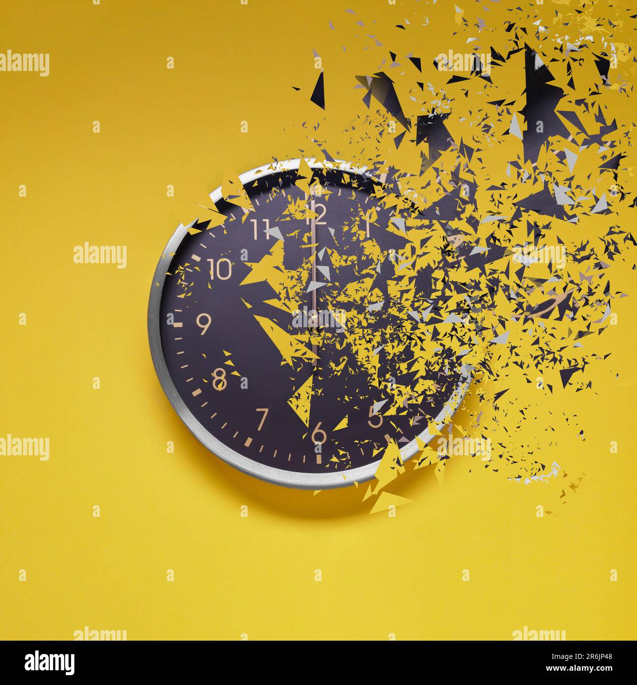 Fleeting time concept. Analog clock dissolving on yellow background ...