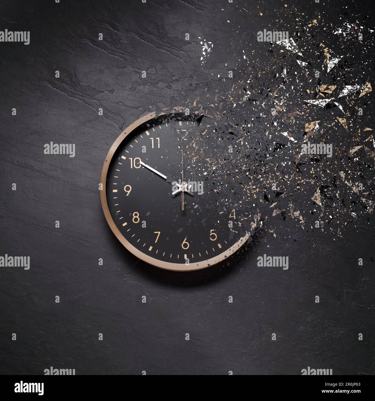 Fleeting time concept. Analog clock dissolving on black background ...