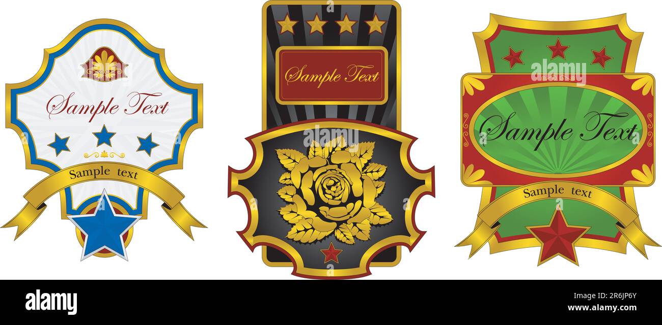 three labels, decorated with gold edge, isolated vector illustrations ...