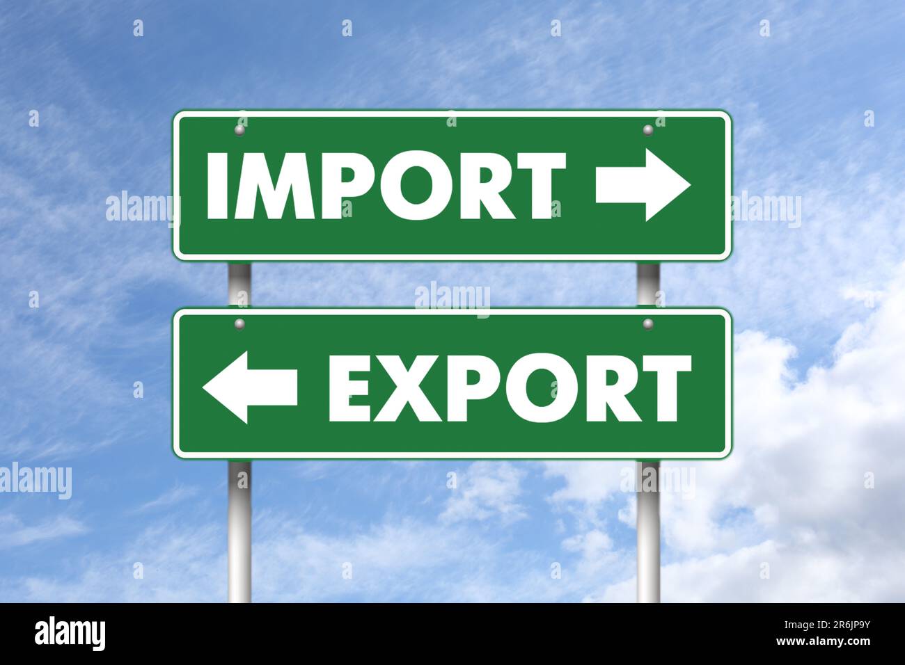 Road sign with Import and Export words and arrows pointing in opposite ...