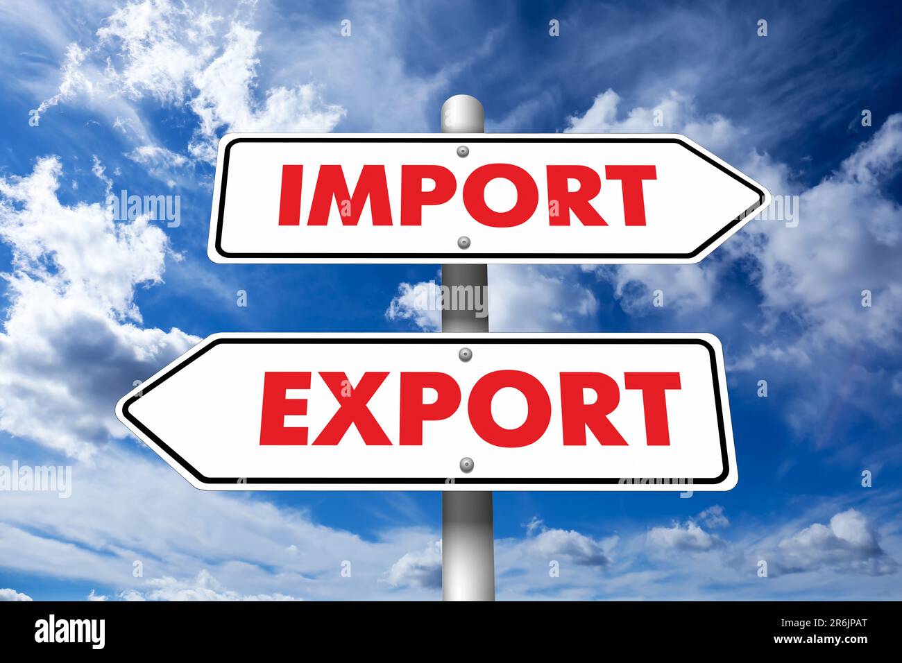 Road sign with Import and Export words on arrows pointing in opposite ...