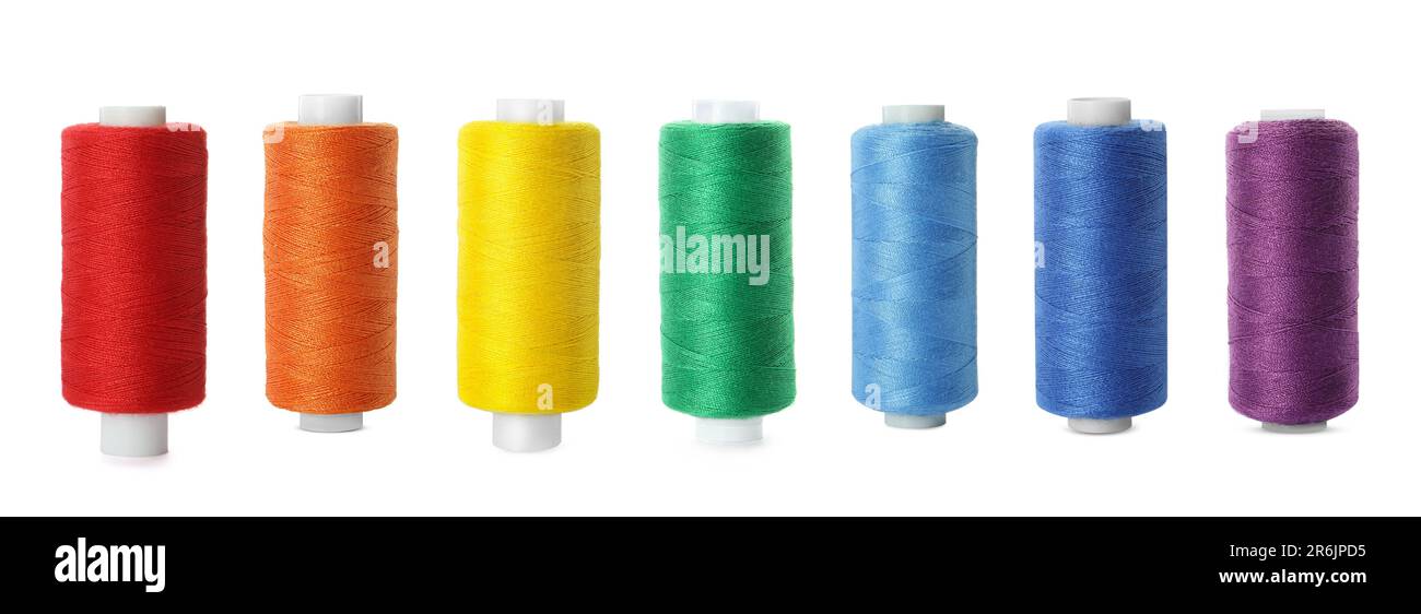 Set of different colorful sewing threads on white background Stock ...