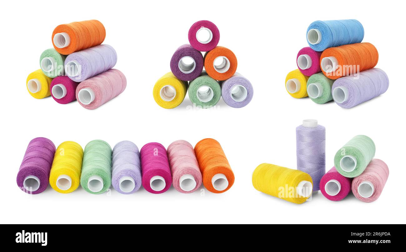 Collage with colorful sewing threads on white background Stock Photo ...