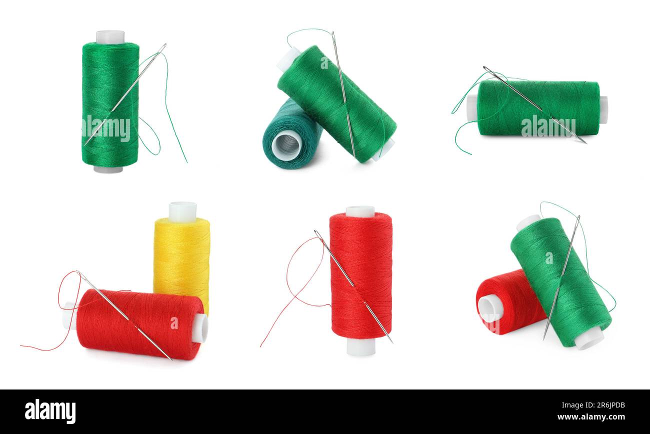 Collage with colorful sewing threads and needles on white background ...