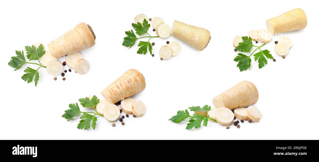 Collage with whole and cut parsley roots on white background Stock ...