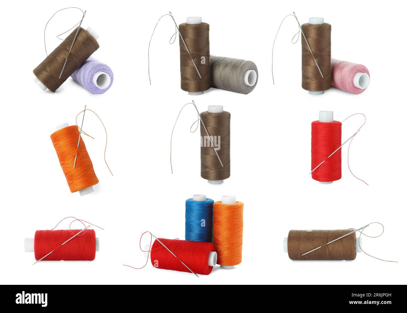Collage with colorful sewing threads and needles on white background ...