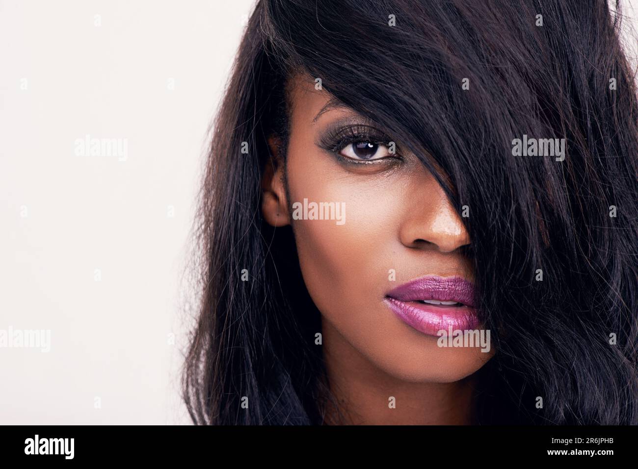 Portrait, beauty and face of black woman in studio for makeup, hair ...
