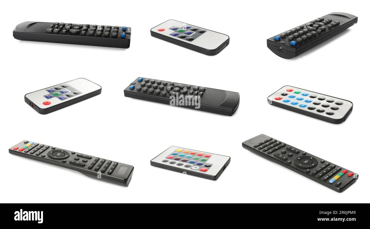 Collage of different remote controllers on white background Stock Photo ...