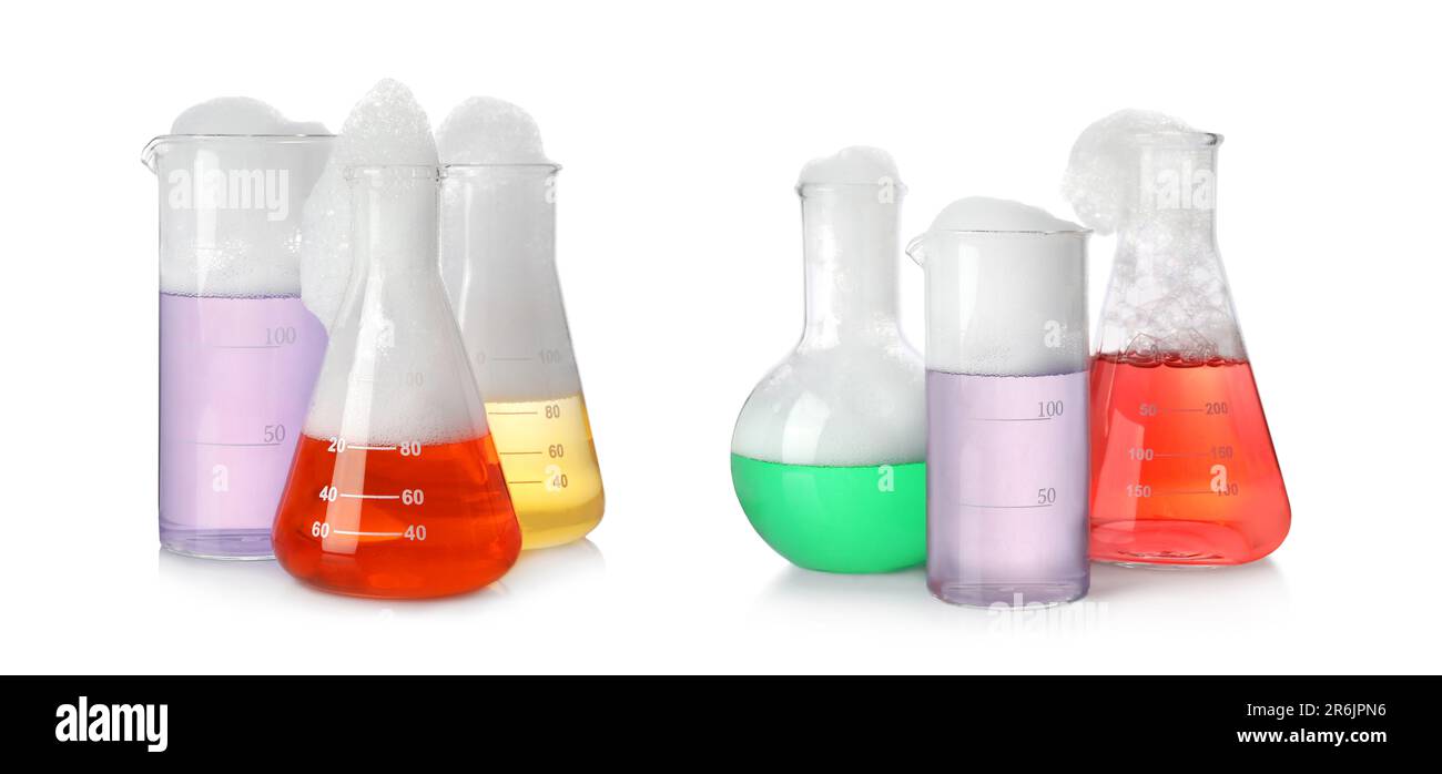 Set of laboratory flasks and beakers with colorful liquids on white ...