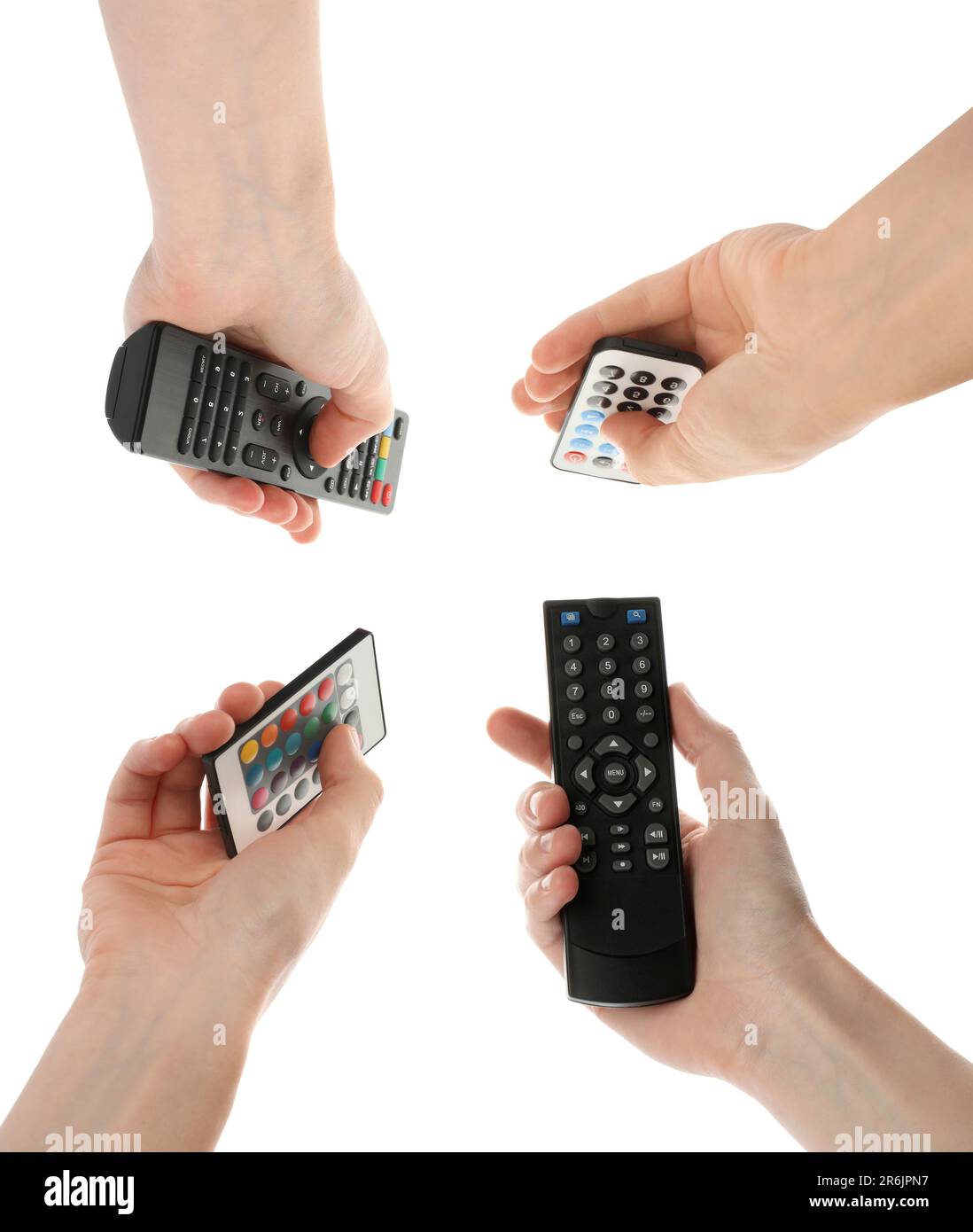 People holding different remote controllers on white background ...