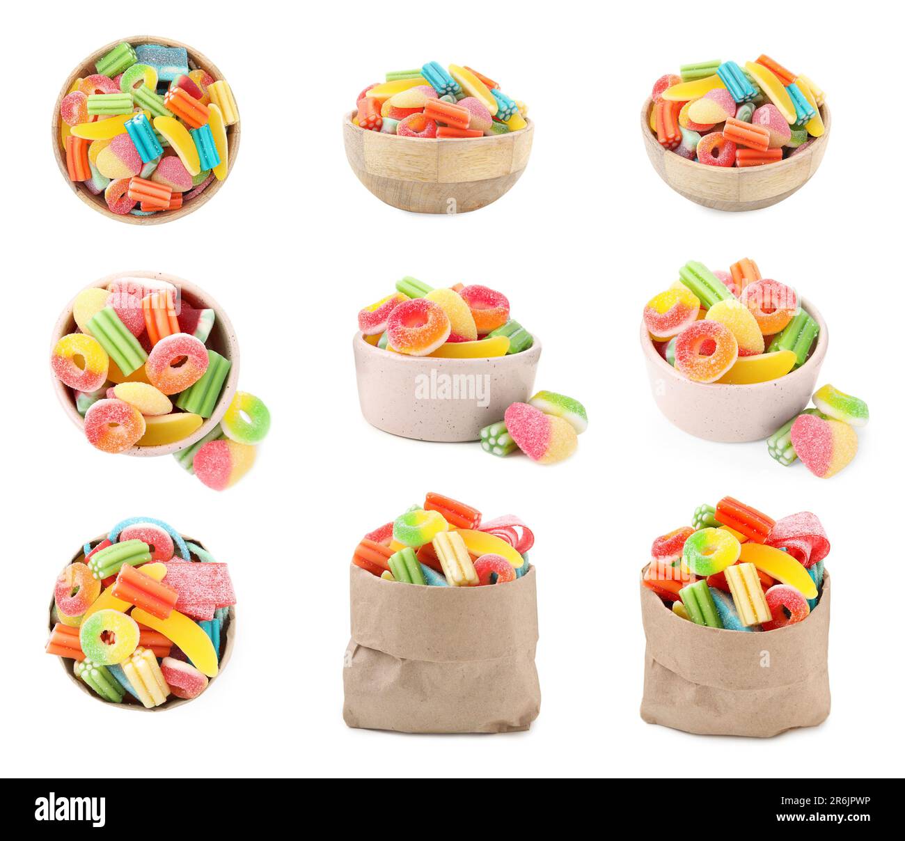 Collage with bowls and paper bag of tasty jelly candies on white ...