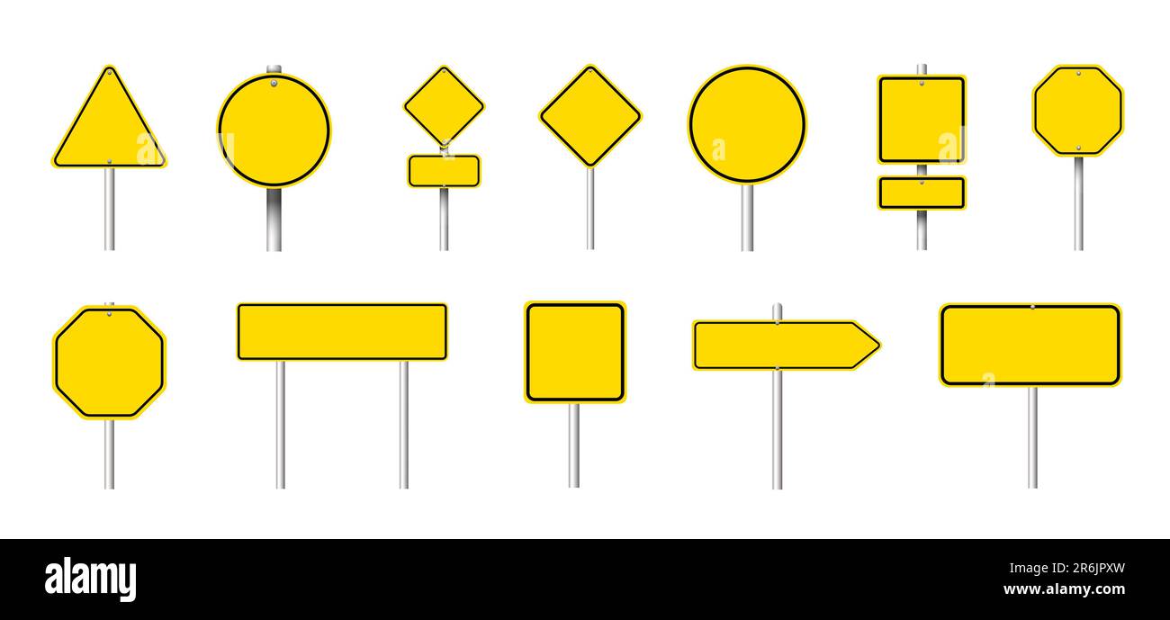 Different yellow blank road signs on white background, collage design ...