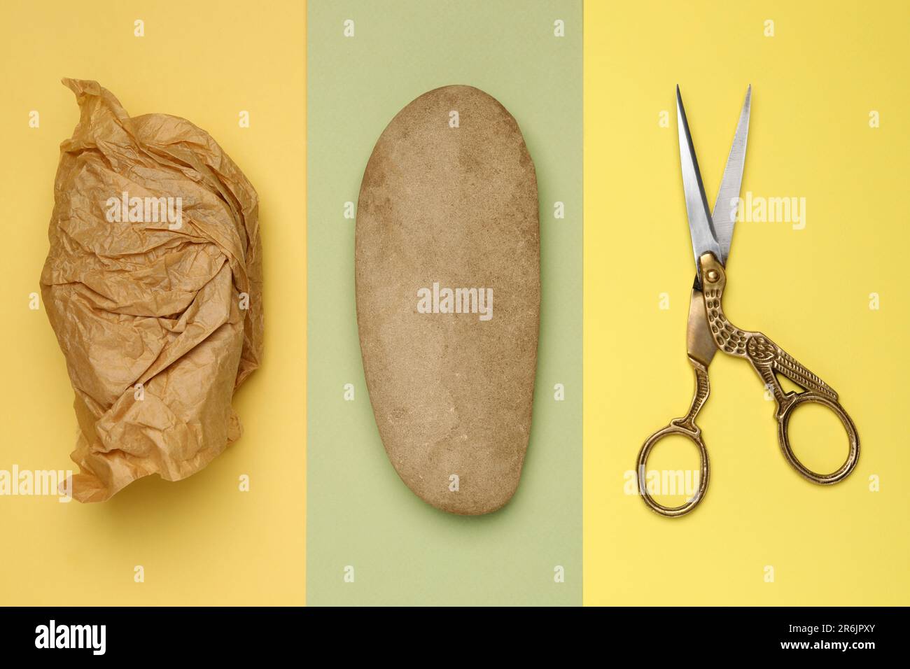 Rock, crumpled paper and scissors on color background, flat lay Stock ...