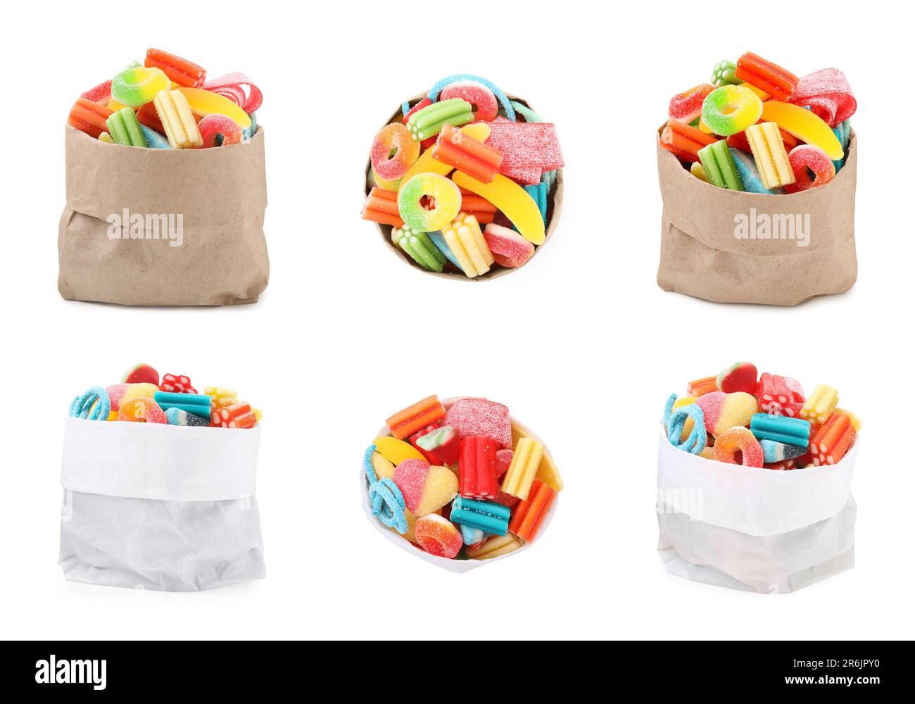 Collage with paper bags of tasty jelly candies on white background ...