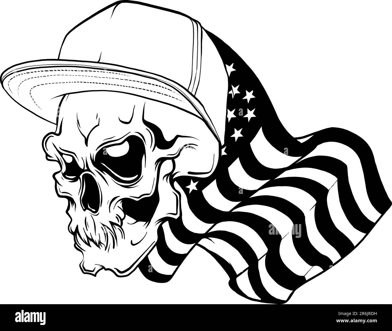 vector illustration of monochrome skull with hat on american flag Stock ...