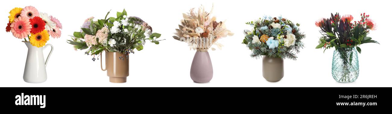 Collage with many beautiful bouquets in different vases on white ...