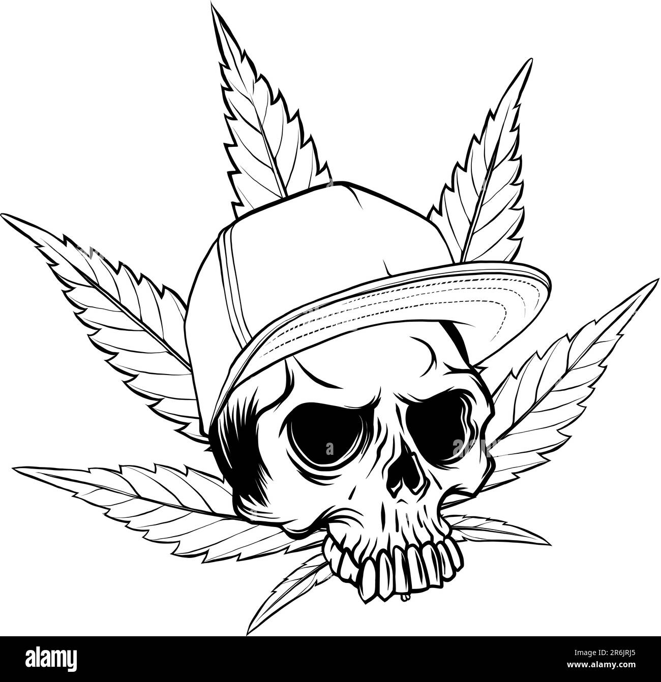 vector illustration of monochrome skull with hat and marijuana leaf ...