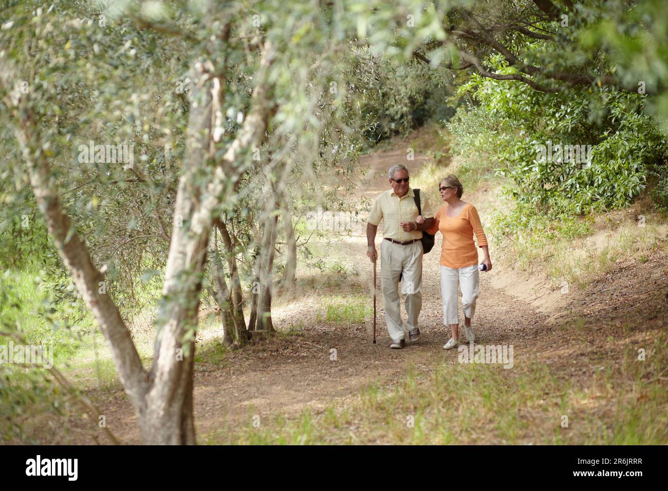 Hiking, nature and senior couple for fitness, walking stick and ...