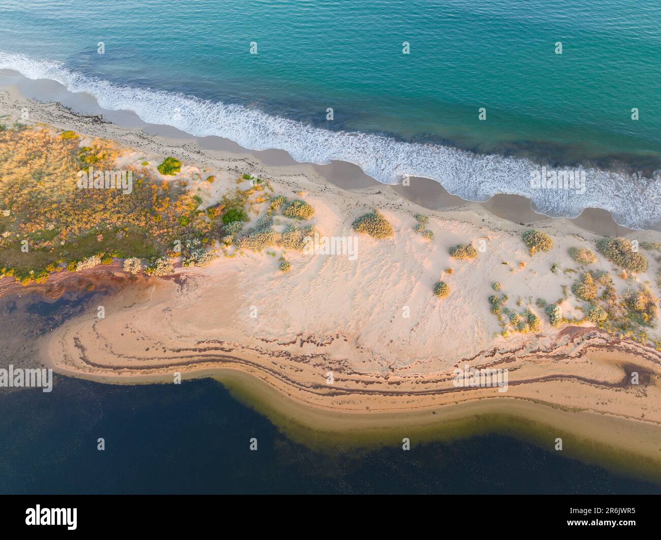 Wave patterns on the beach of a narrow sand island at Queenscliff in ...