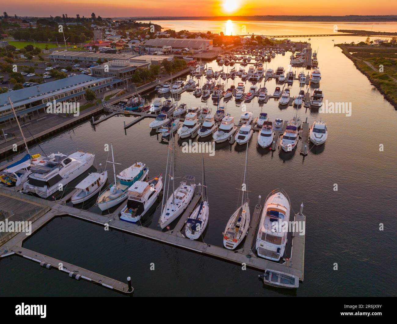 Aerial view of a coastal marina at sunset at Queenscliff in Victoria ...