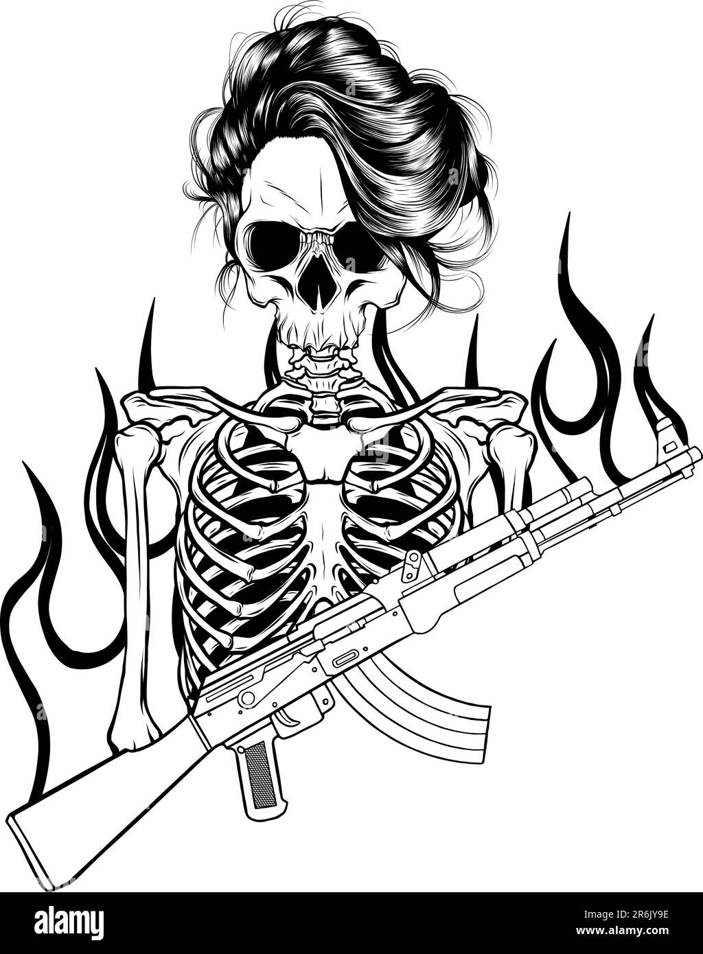 Monochrome military skeleton with flames holding assault rifle. vector ...