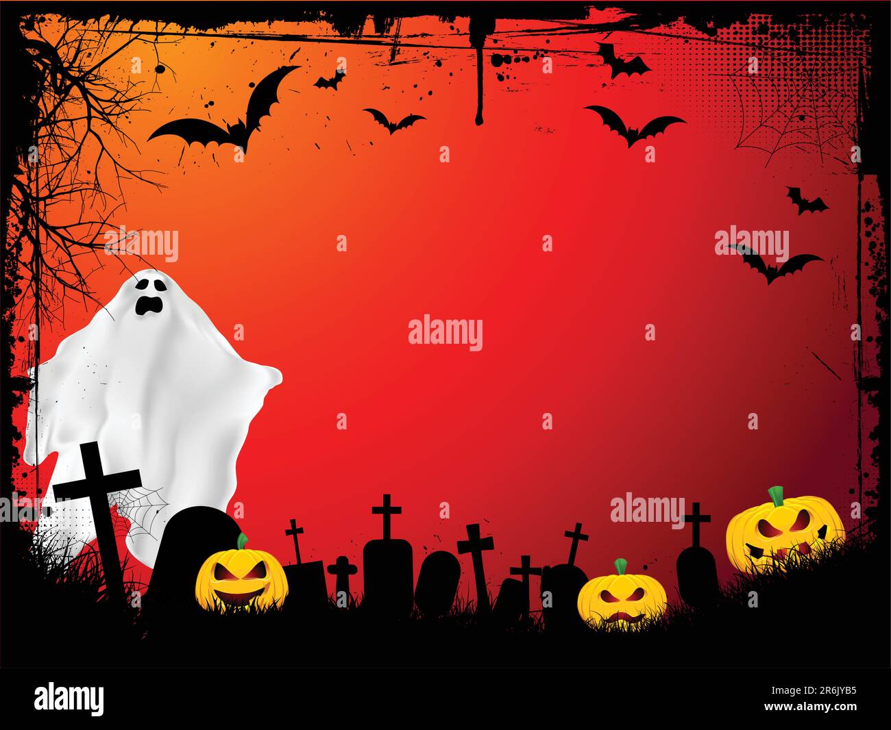 Grunge Halloween background with evil pumpkins and scary ghost Stock ...