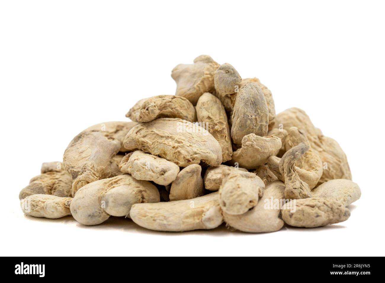 Dried Ginger root isolated on white background. Pile of ginger root or ...