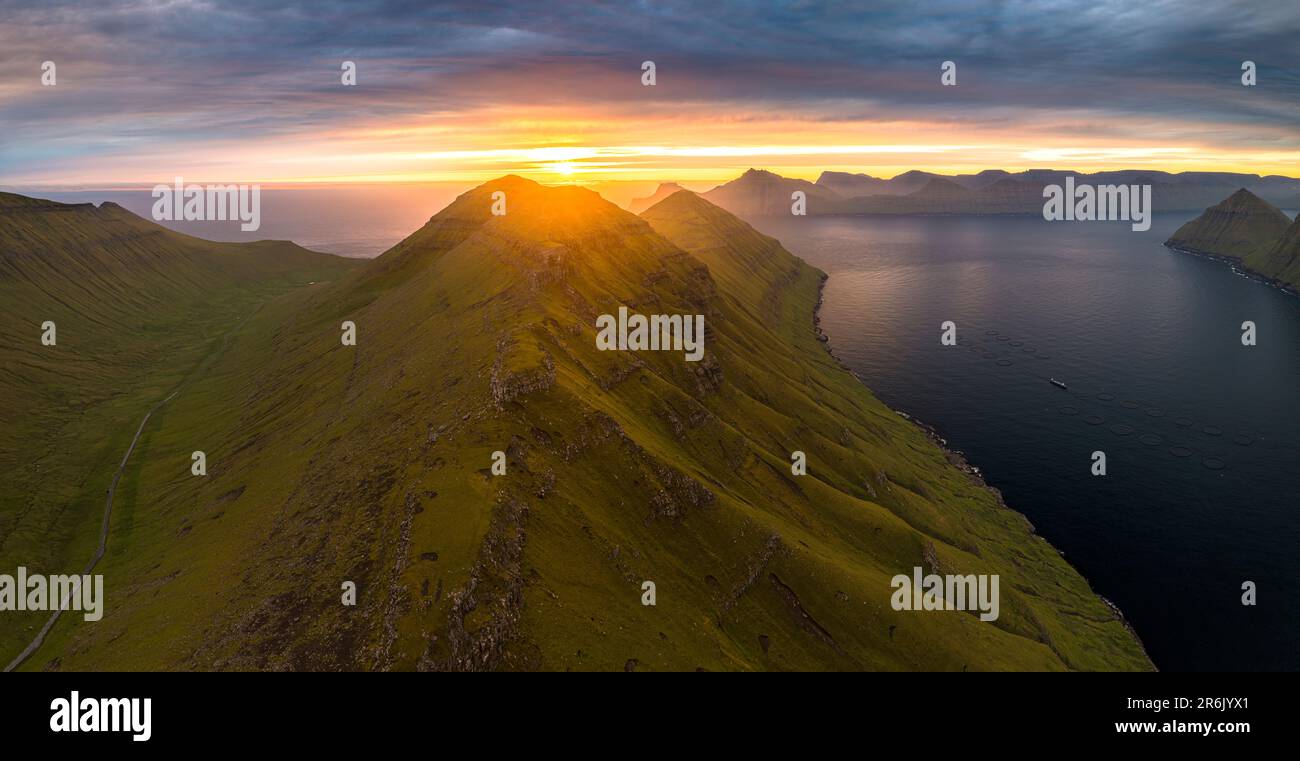 Aerial panoramic view of Funningur fjord at sunrise, Eysturoy Island ...