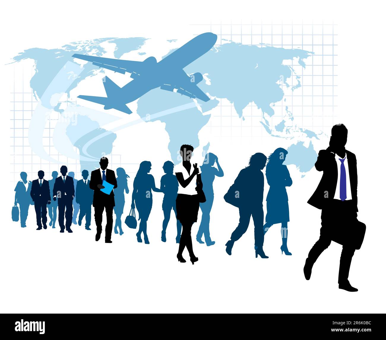 People are walking, flying airplane and world map in the background ...