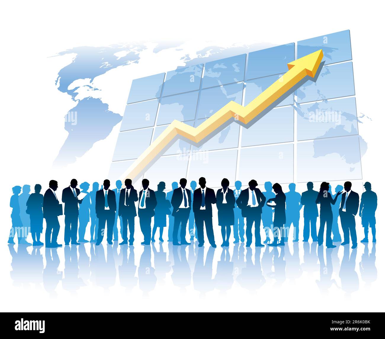 Businesspeople are standing in front of a large graph, world map in the ...